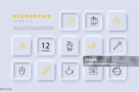 설탕 라인 아이콘입니다 차 가방 컵 숟가락 찻주전자 사탕수수 아이스티 Neomorphism 스타일입니다 벡터 선 아이콘 개체