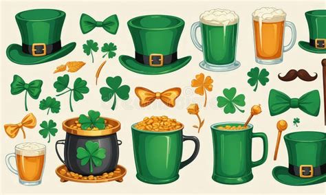 Collection Green Themed Objects Including Hats Glasses Mugs And