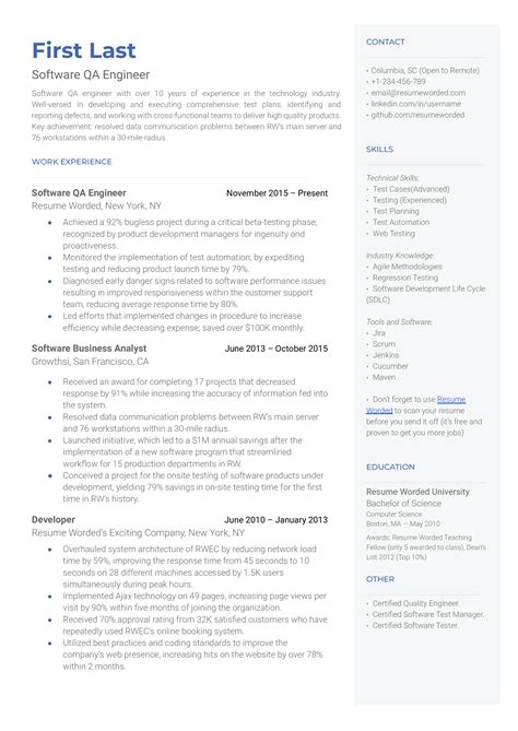 Software Qa Engineer Resume Example For 2023 Resume Worded