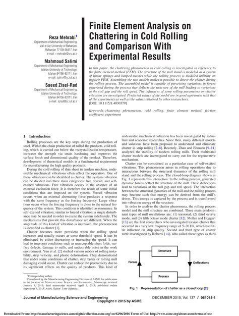 Pdf Finite Element Analysis On Chattering In Cold Rolling And Comparison With Experimental Results