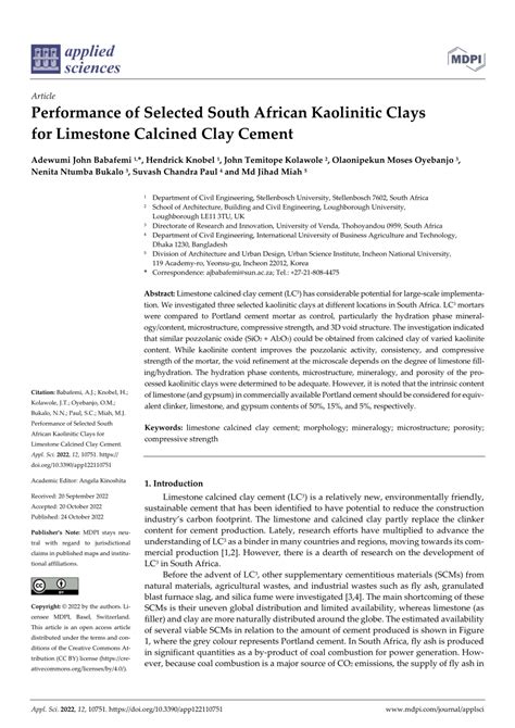 Pdf Performance Of Selected South African Kaolinitic Clays For