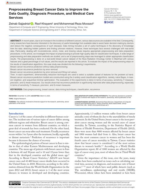 Sajjadnia Et Al 2020 Preprocessing Breast Cancer Data To Improve The Data Quality Diagnosis