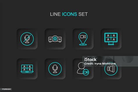 라인 스피커 볼륨 화상 채팅 회의 마이크 영화 영화 미디어 프로젝터 및 마이크 음소거 아이콘을 설정합니다 벡터 Brand Name Online Messaging