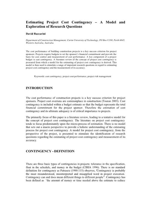 Estimating Project Cost Contingency A Model And Exploration Of Research Questions Docslib