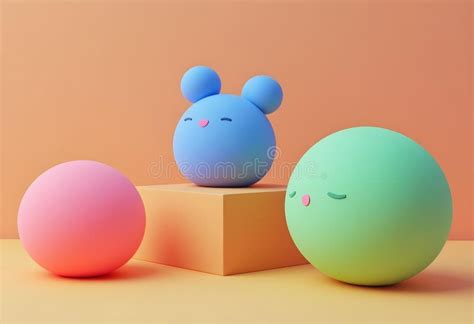 Cute Spherical Characters On A Stage With Pastel Colors Rendering Stock