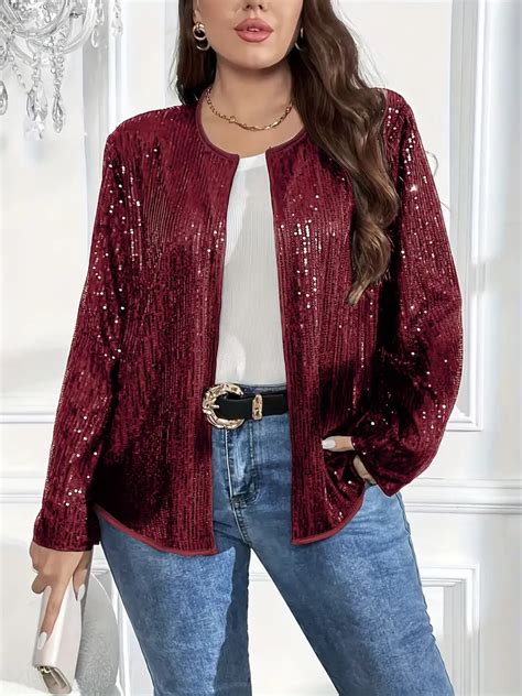 Casual Coat Plus Size Women S Plus Solid Sequins Long Sleeve Temu