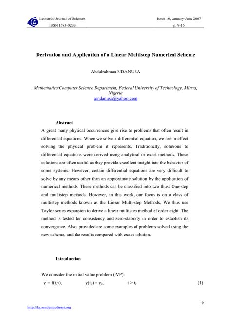 PDF Derivation And Application Of A Linear Multistep Numerical Scheme