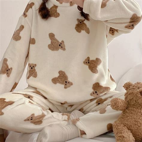 Cute Teddy Bear Print Pajama Set Cozy Long Sleeve Round Neck Flannel