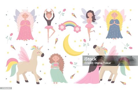 귀여운 발레리나 요정과 천사 순진한 아이 스타일 유니콘과 공주 세트 벡터 만화 캐릭터 일러스트 고립 발레 댄서에 대한 스톡 벡터