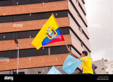 Quito Ecuador April 7 2016 Unidentified Man With Ecuadorian Flag