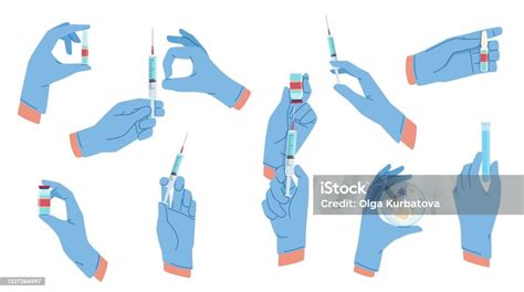 의료 손 무균 외과 장갑 블루 컬러의 팔 예방 접종 바이러스 보호 실험실 테스트 유리병 알약 및 주사기를 보유합니다