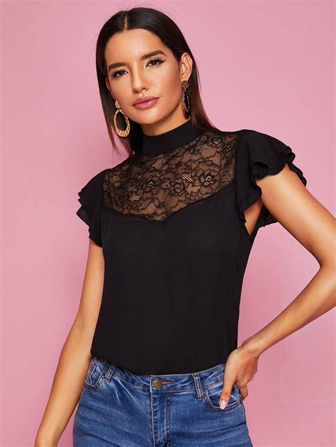 Lace Panel Layer Cuff Mock Neck Blouse Mock Neck Blouse Lace