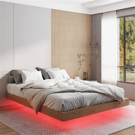Floatzy Floating Rgb Led Solid Wood Slat Bed Frame No Spring Box