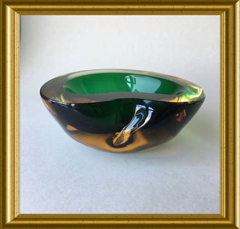 Vintage Murano Glass Bowl Green With Amber