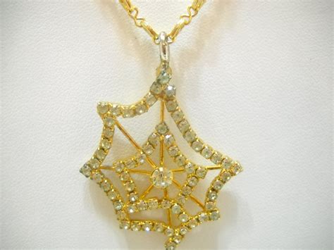 Vintage 14kgp Rhinestone Spider Web Pendant Necklace 3352 Haute Juice