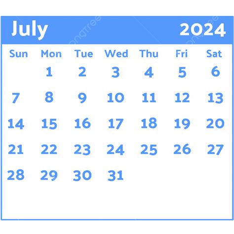 2025 Calendario Azul Julio Vector Png 2024 Calendario Mes De Julio