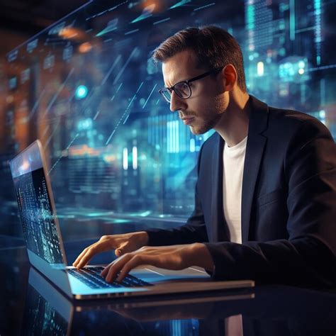 Data Scientist Programmer Using Laptop Analyzing Financial Data On Futuristic Premium Ai