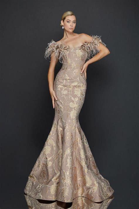 Terani Couture 1921e0136 Feather Off Shoulder Mermaid Evening Gown
