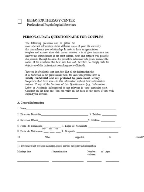 Personal Data Questionnaire For Couples Pdf Marriage Physician