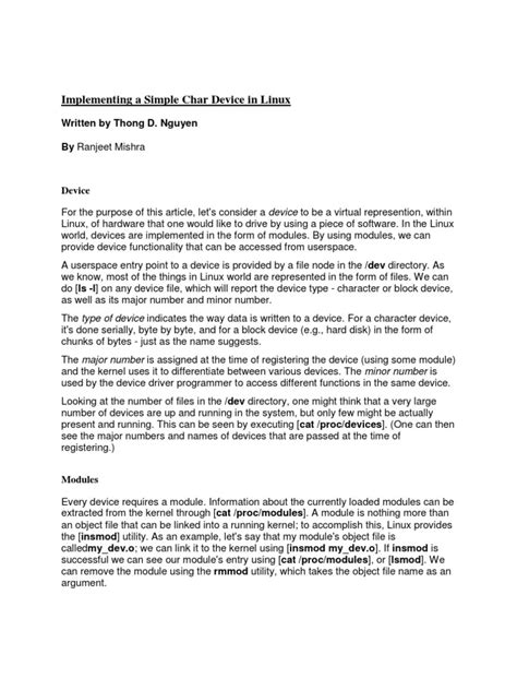 Implementing A Simple Char Device In Linux Pdf Subroutine Kernel