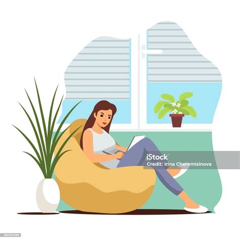 집이나 사무실에서 일하는 여성 컴퓨터와 안락 의자에 앉아 소녀 내부 활동 벡터 그림입니다 프리랜서 현대적인 트렌디 한 라이프