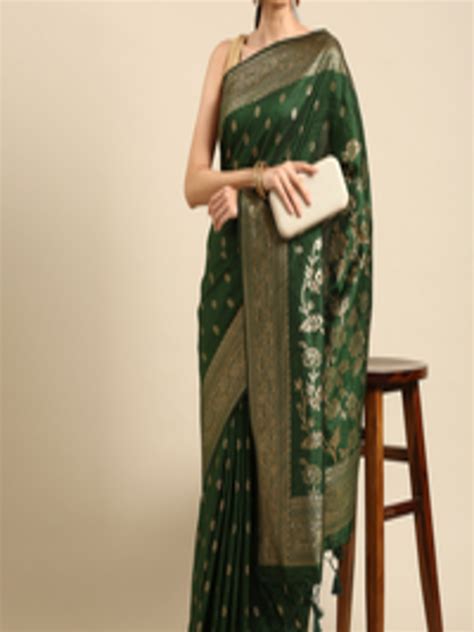 Buy Vishnu Weaves Green And Beige Ethnic Motifs Zari Jute Silk Banarasi