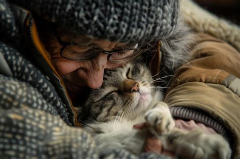 A Woman Bending Over To Give A Cat A Kiss On Its Nose Premium Ai Generated Image