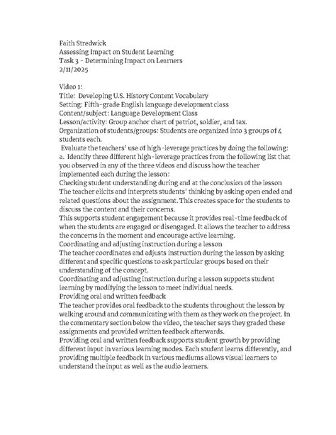 D093 Task 3 Assessing Impact On Student Learning Through Video