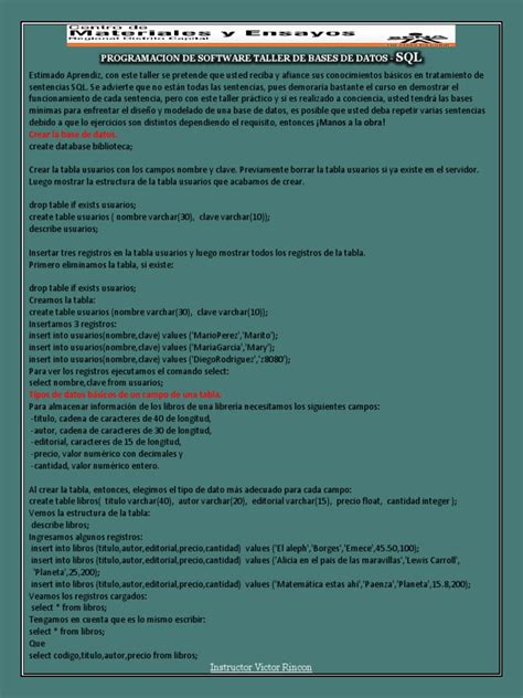 Taller De Sentencias Utiles En Mysql Pdf Pdf Sql Tabla Base De Datos