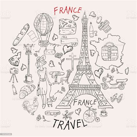 유럽 프랑스 기호 들과 관광 명소의 국가 인쇄 디자인 및 웹에 대 한 도면 세트의 디자인 윤곽선 그림 채색 Travel5to 파리 일 드 프랑스에 대한 스톡 벡터 아트 및