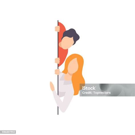 젊은 남자와 여자는 벽 뒤에서 엿보는 흰색 배경에 그림을 벡터 엿봄에 대한 스톡 벡터 아트 및 기타 이미지 엿봄 감시