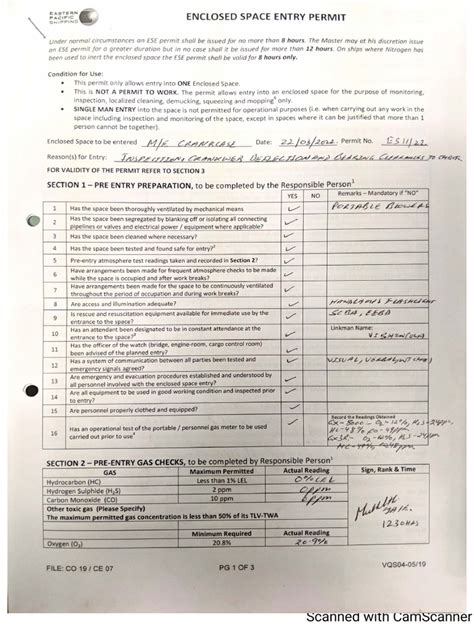 Enclosed Space Entry Permit Pdf
