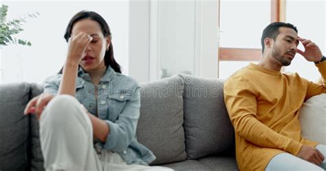 Sad Fight And Couple Angry On A Couch Together With Drama Argument