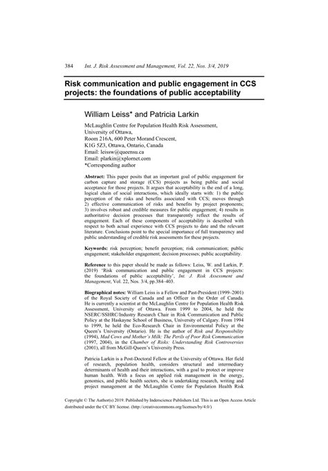 Pdf Risk Communication And Public Engagement In Ccs Projects The
