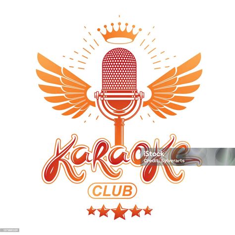날개 달린 무대 마이크 벡터 일러스트와 로얄 크라운으로 구성된 나이트클럽 가라오케 광고 포스터 슈퍼 스타 성능 광고 발표 광고에