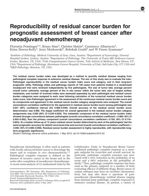 Pdf Reproducibility Of Residual Cancer Burden For Prognostic Assessment Of Breast Cancer After