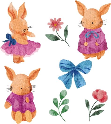 귀여운 작은 분홍색 토끼 수채화 일러스트레이션 프리미엄 벡터