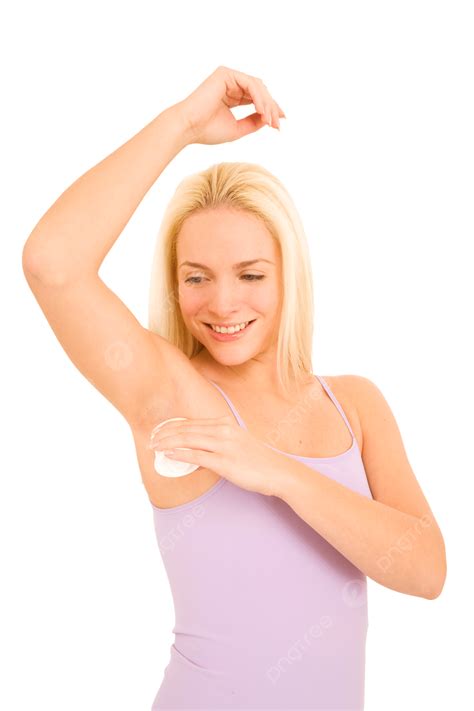 Woman Applying Deodorant Under Her Armpits Smile Blonde One Long Hair Health And Beauty