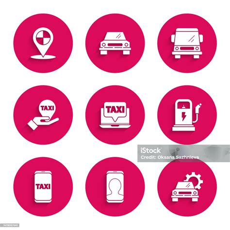 노트북 호출 택시 서비스 택시 전화 자동차 전기 자동차 충전소 손 지도 포인터 및 지도 아이콘을 설정합니다 벡터 교통수단에 대한 스톡 벡터 아트 및 기타 이미지 Istock