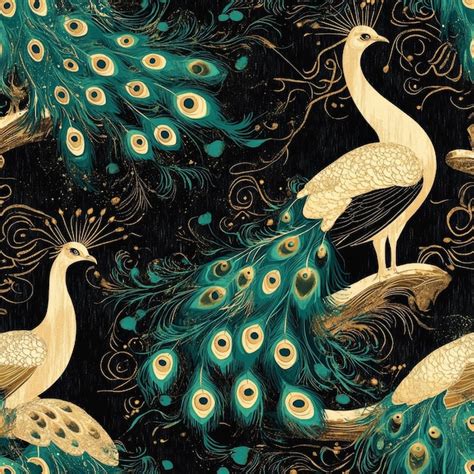 Seamless Pattern With Peacocks On A Black Background Handdrawn