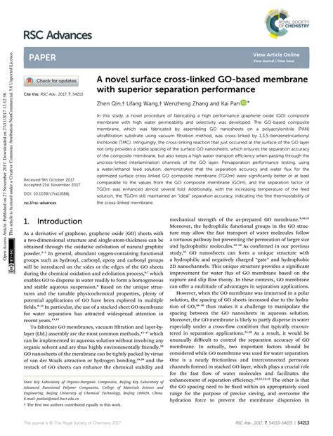 Pdf A Novel Surface Cross Linked Go Based Membrane With Superior Separation Performance