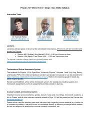 Phys131 W1 2020 Syllabus Pdf Physics 131 Winter Term 1 Sept Dec 2020 Syllabus Instruction
