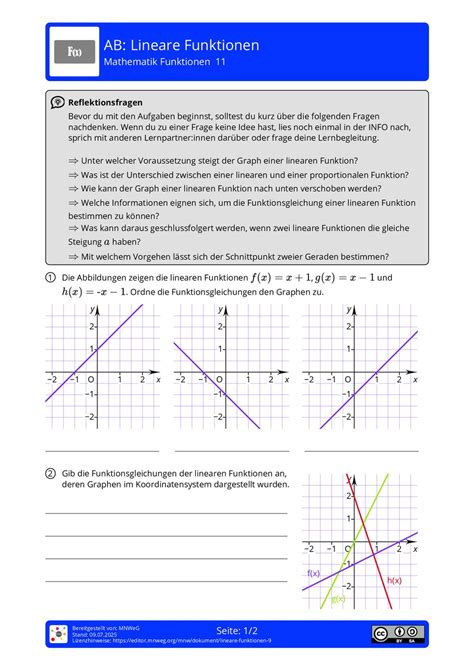 Arbeitsblatt Lineare Funktionen Mathematik Funktionen