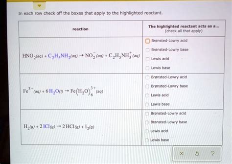 solved in each row check off the boxes that apply to the highlighted reactant the highlighted