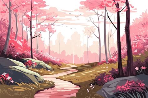 Premium Ai Image Spring Forest Landscape Illustration