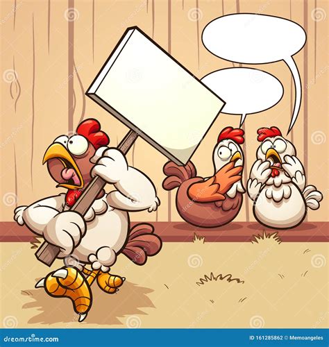 Cartoon Hen Protesting And Two Hens Talking Behind Her Back Stock