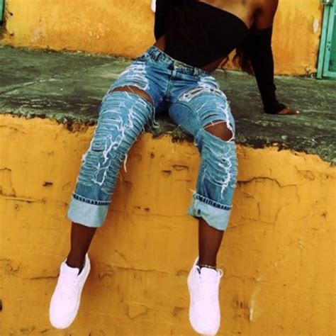 Stylish High Waist Broken Holes Light Blue Denim Pants Blue Denim