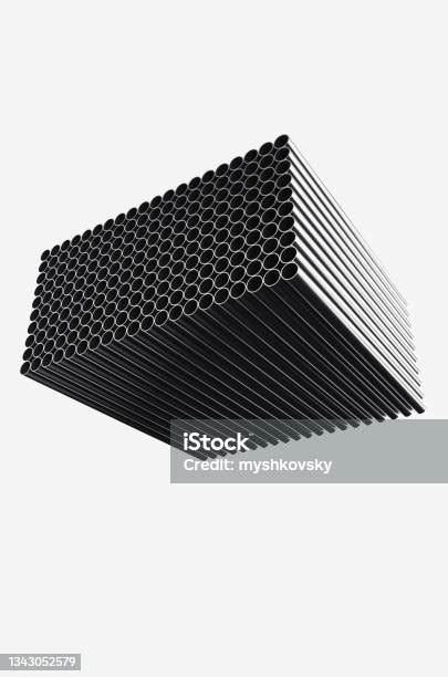 흰색 배경에 금속 파이프의 클로즈업 흰색 배경에 고립 된 철 파이프 더미 3d 렌더 일러스트레이션 0명에 대한 스톡 사진 및 기타 이미지 Istock
