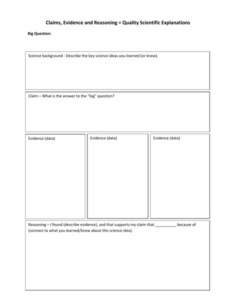 Cer Template Claims Evidence Reasoning Worksheet