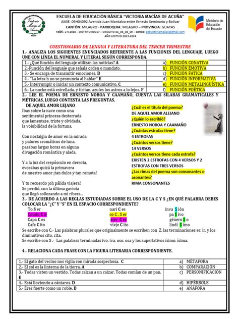 Cuestionario De Lengua Y Literatura Tercer Trimestre Pdf
